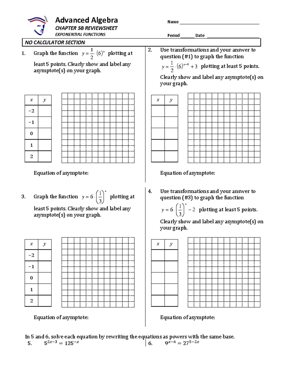 Adv Alg Reviewsheet for T5B - Advanced Algebra CHAPTER 5B REVIEWSHEET ...