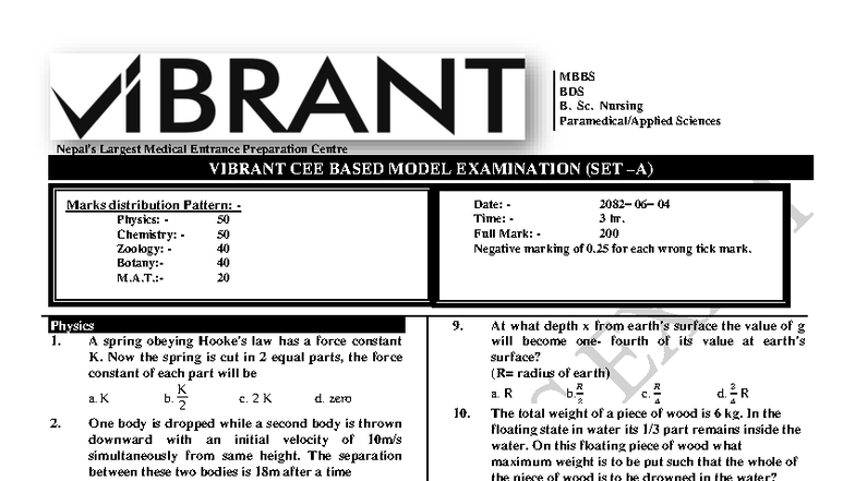 MBBS BDS B. Sc. Nursing Sciences VIBRANT CEE MODEL EXAMINATION (SET ...