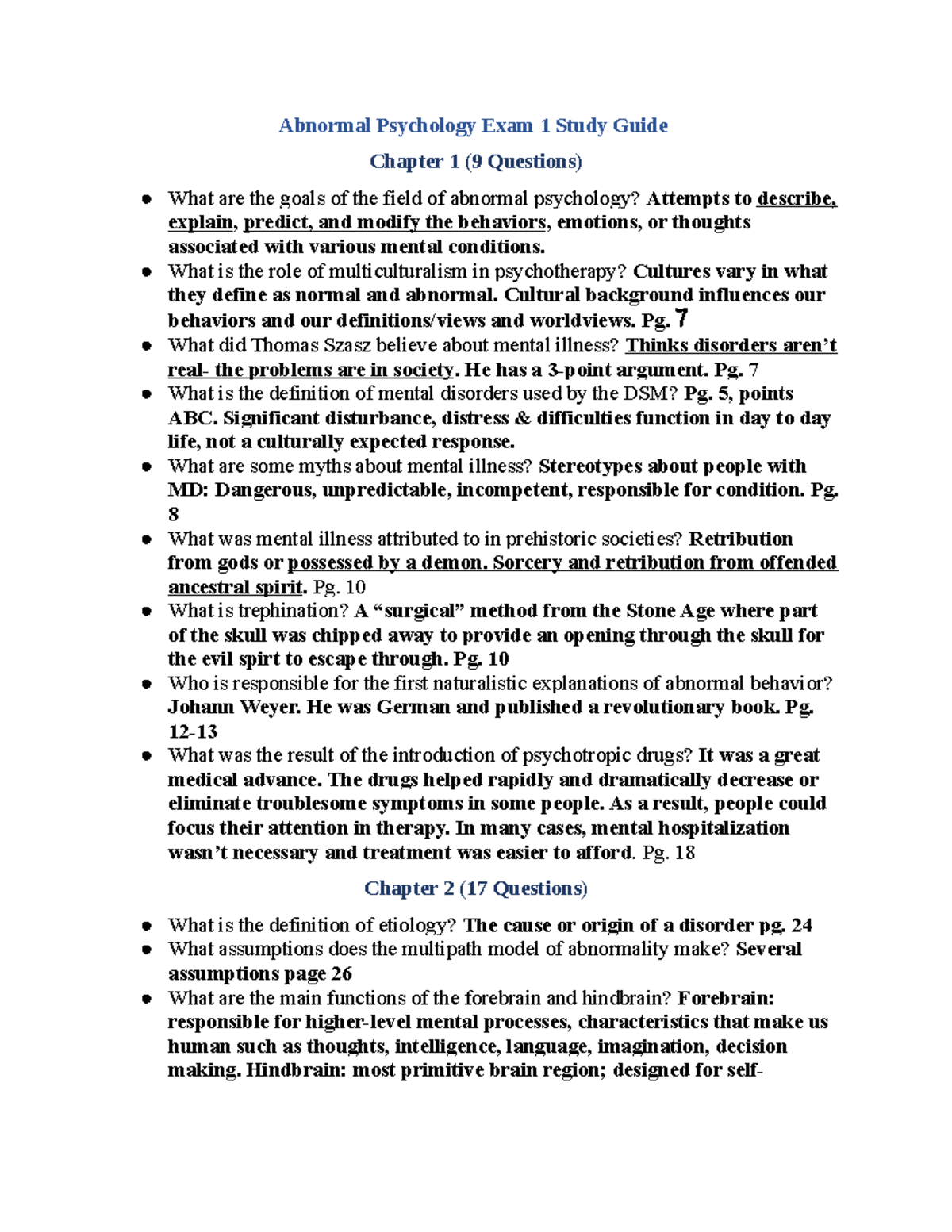 Abnormal Psychology PSY 101 Exam 1 Study Guide: Key Concepts & Terms ...
