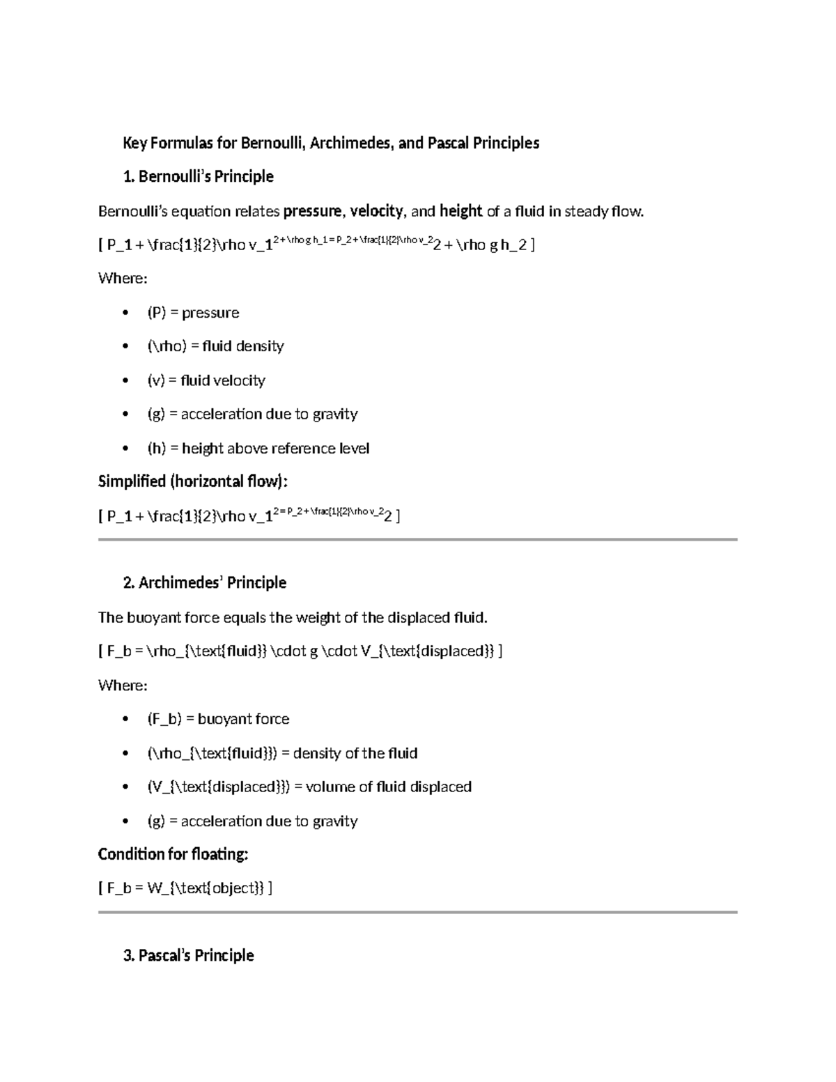 Formulas for Bernoulli, Archimedes, and Pascal Principles J Arch - Studocu