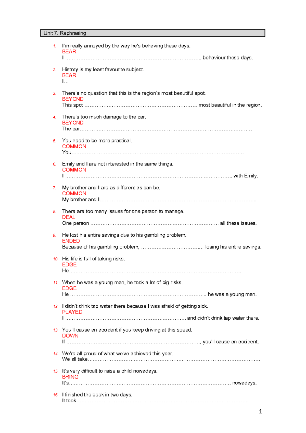 Unit 7: Rephrasing Exercises and Future Tenses Practice - Studocu