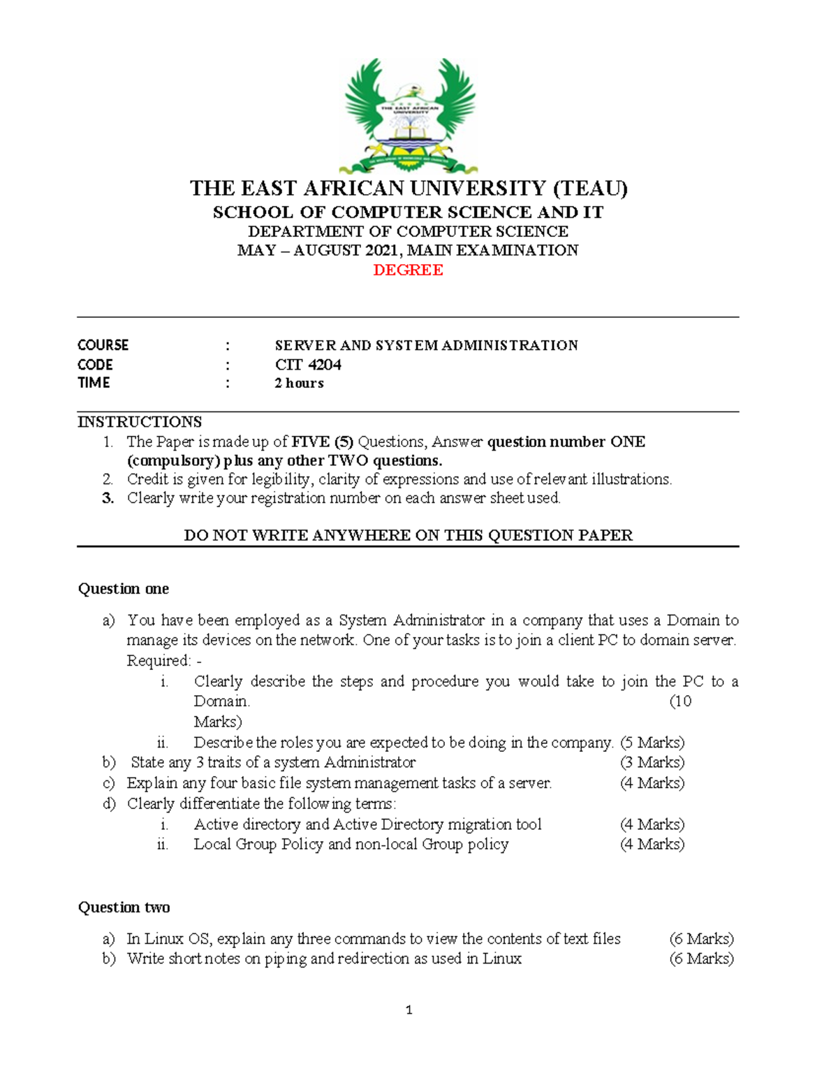 Server and System Administration Final Exam - CIT 4204, May 2021 - Studocu