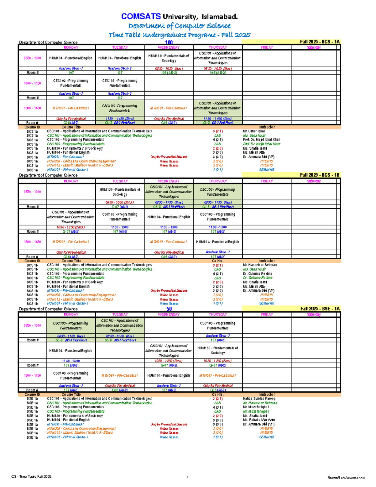 COMSATS University Islamabad - Computer Science Time Table Fall 2025 ...