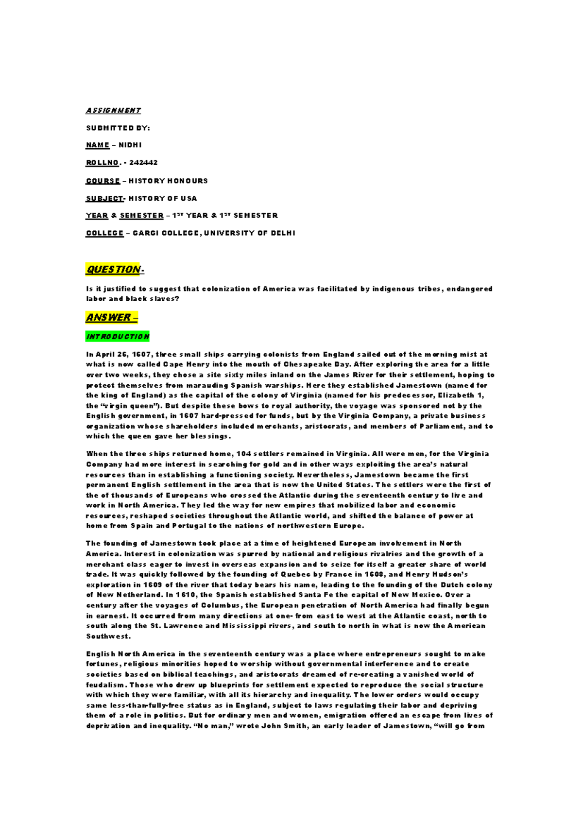 HIS 101: Assignment on Colonization and Indigenous Impact in America ...