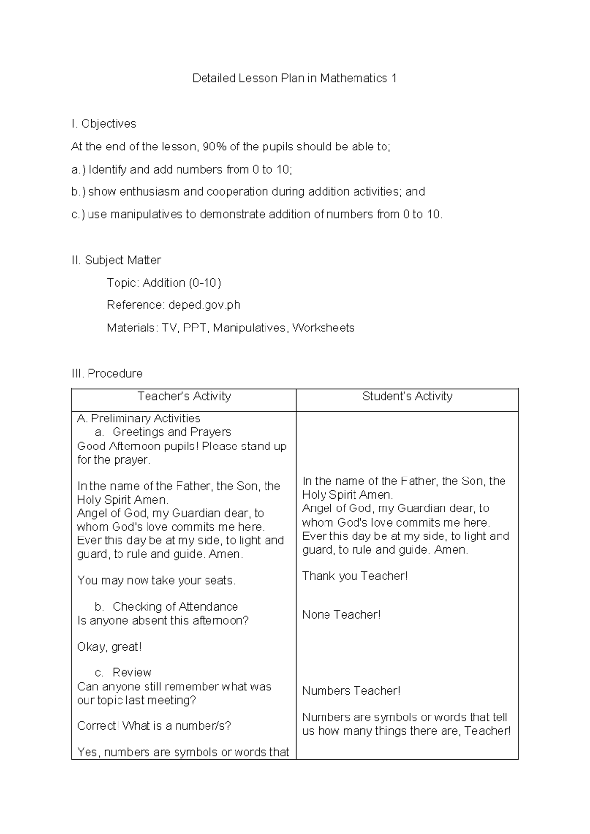 Detailed Lesson Plan in Math 1: Addition (0-10) Activities & Objectives ...