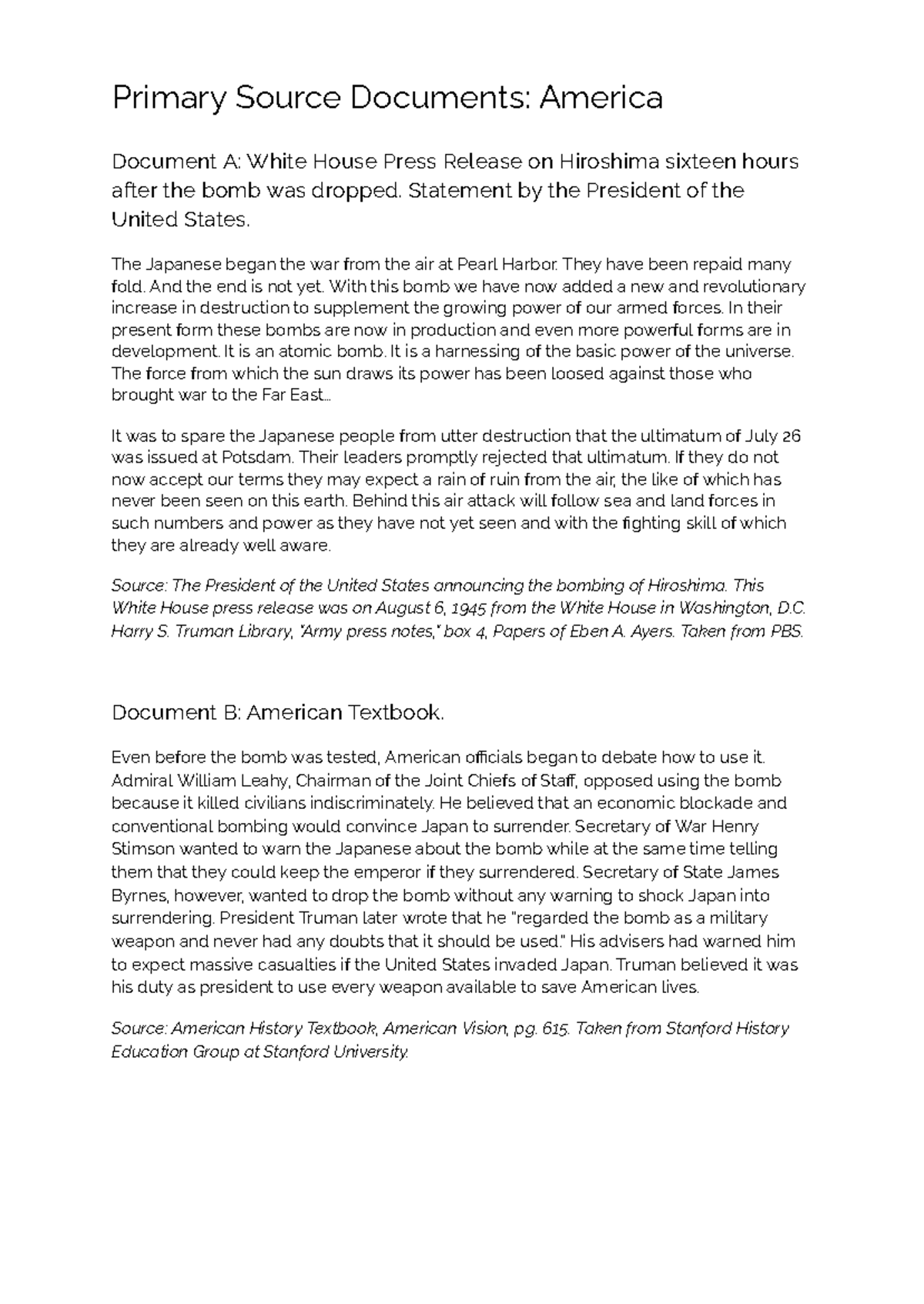 Primary Sources: American & Japanese Perspectives on Hiroshima - Studocu