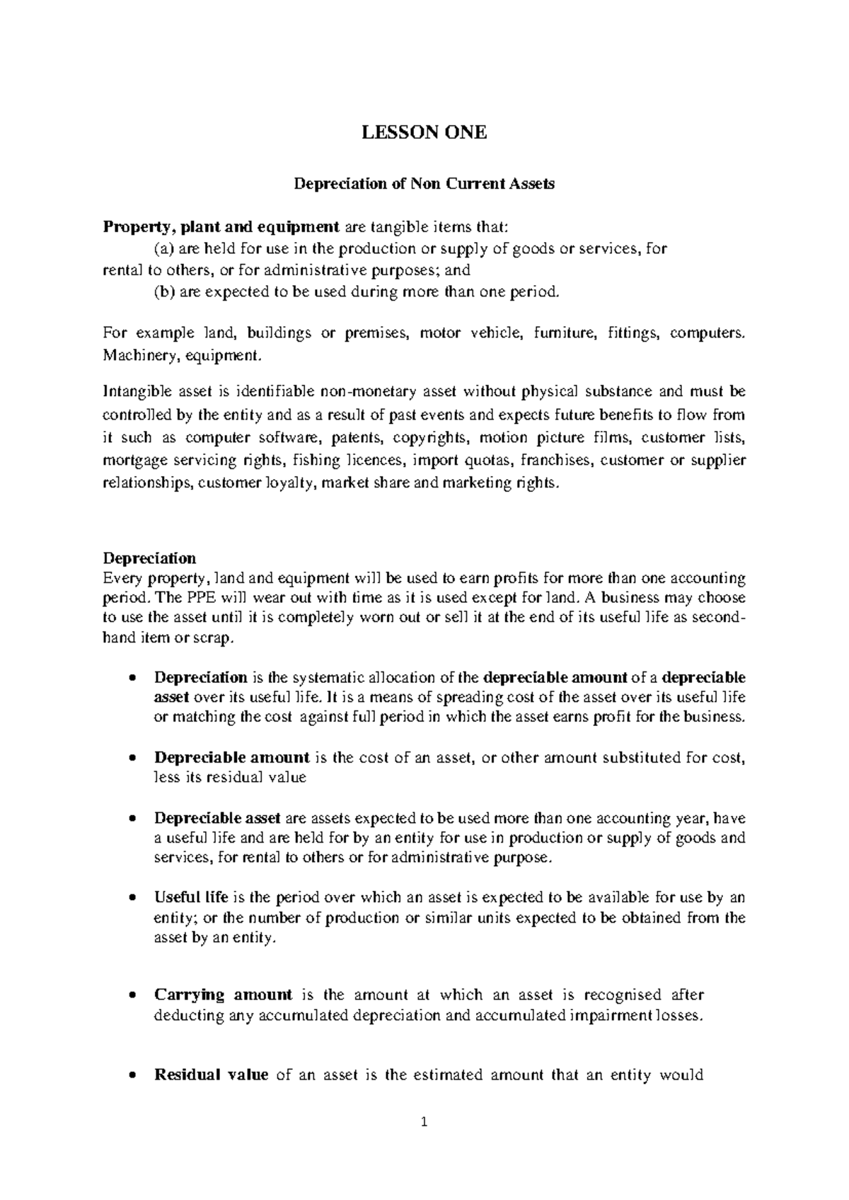 LESSON ONE: Depreciation of Non-Current Assets (PPE) - Studocu