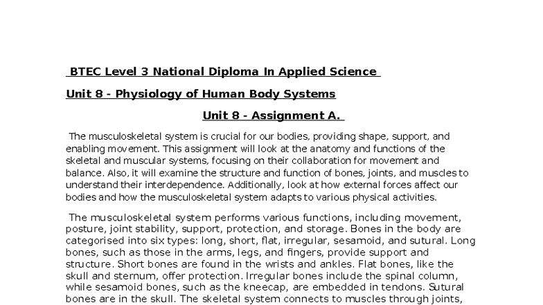BTEC Level 3 Nat. Dip. Applied Science: Unit 8 Musculoskeletal System ...