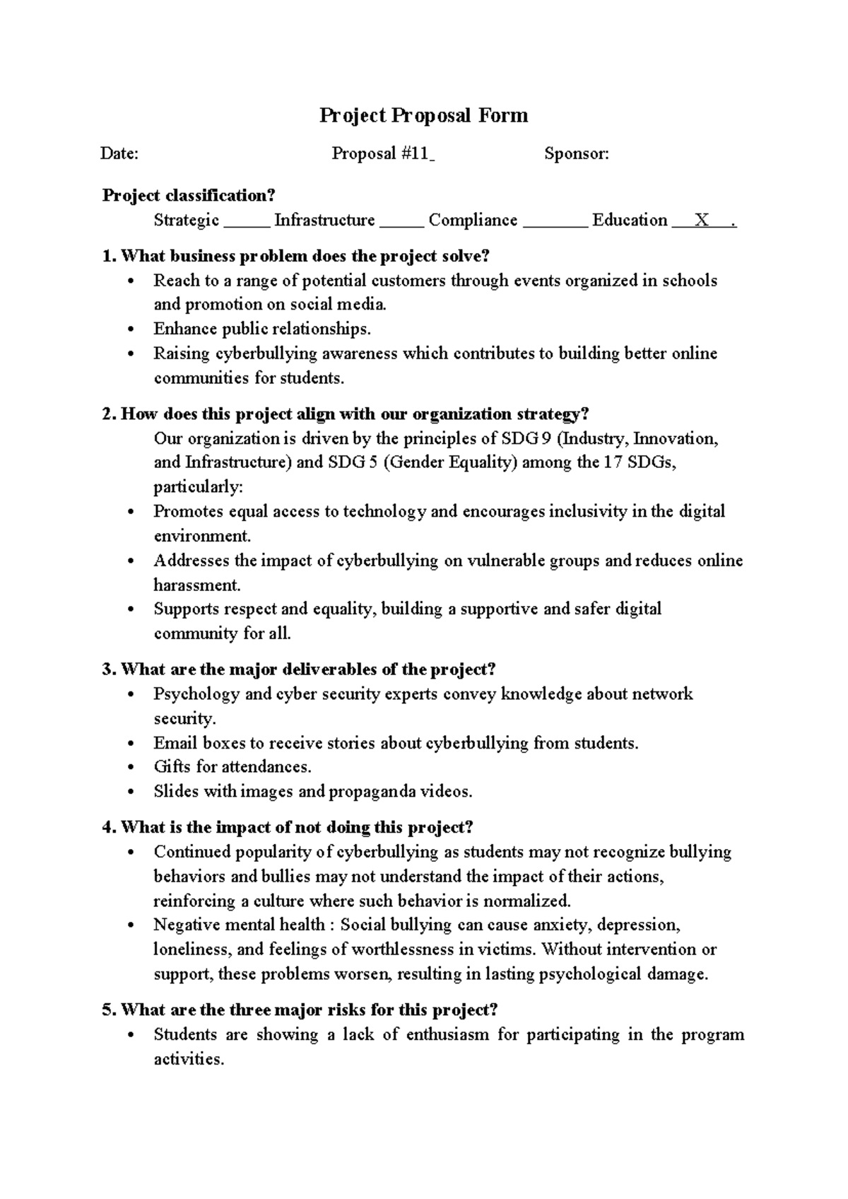 Project proposal form for strategic infrastructure compliance - Studocu