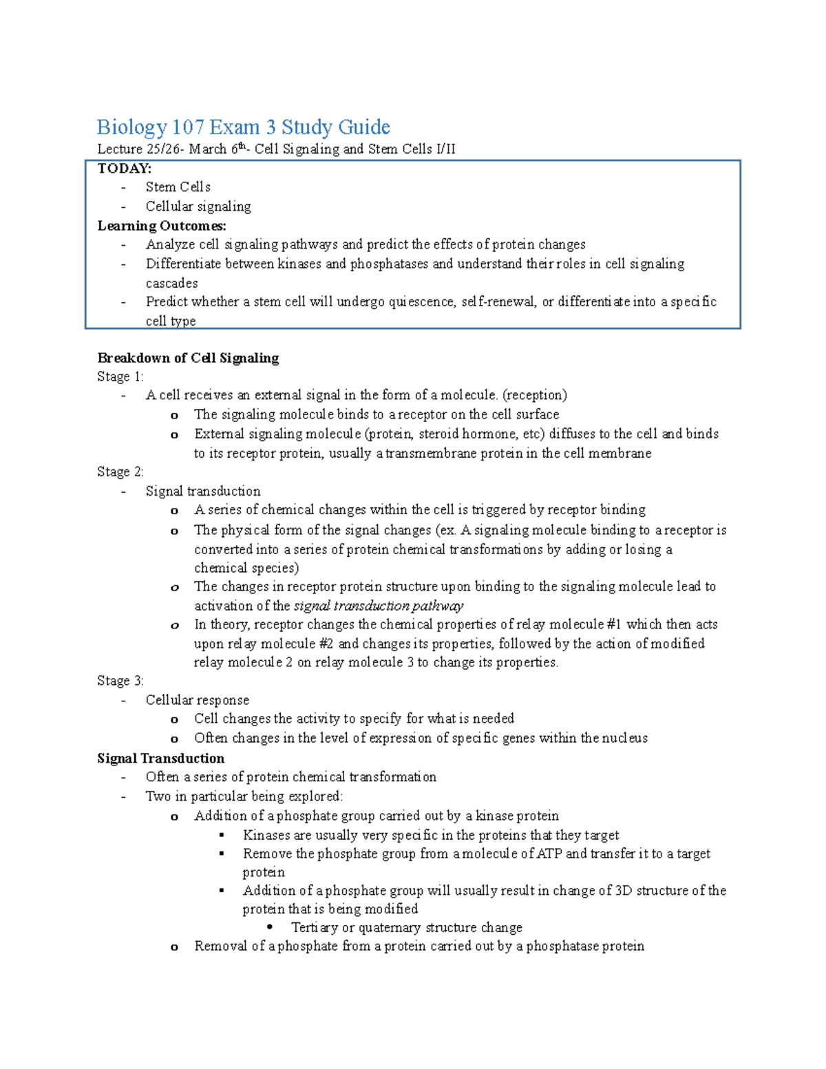 Biology 107 Exam 3 Study Guide: Cell Signaling & Stem Cell Dynamics ...