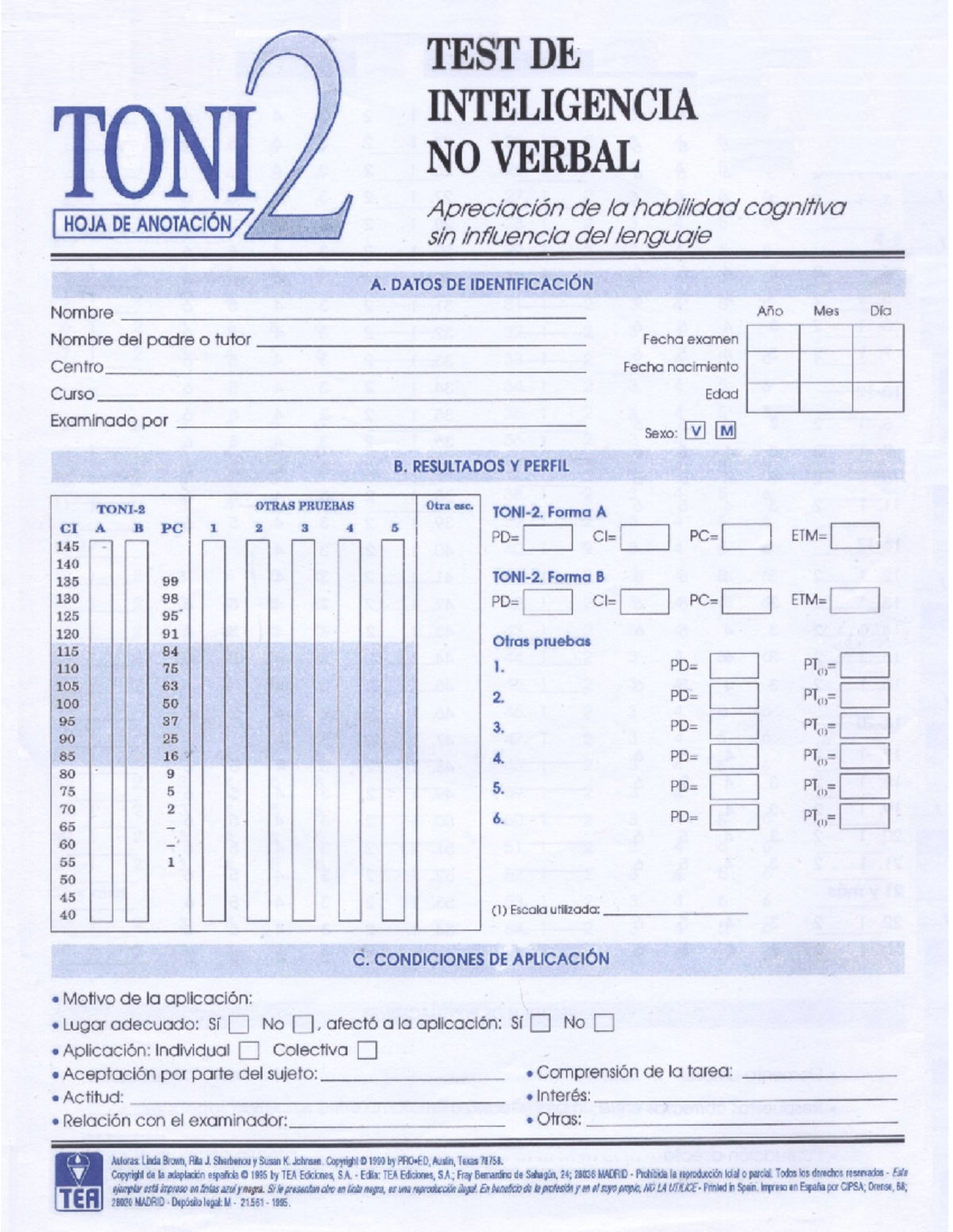HOJA DE ANOTACIÓN DEL TEST DE INTELIGENCIA TONI NO VERBAL - Studocu