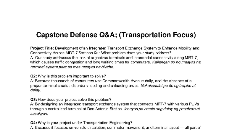 Capstone Defense QA: Integrated Transport Exchange System Design - Studocu