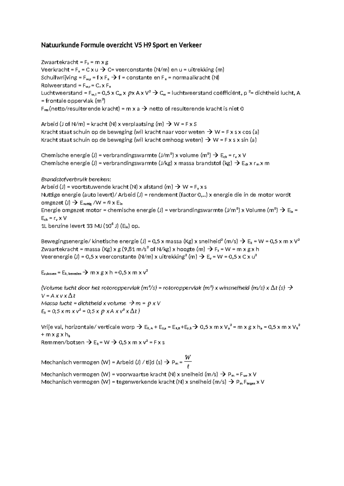 Natuurkunde Formule Overzicht V5 H9: Sport en Verkeer Zwaartekracht ...