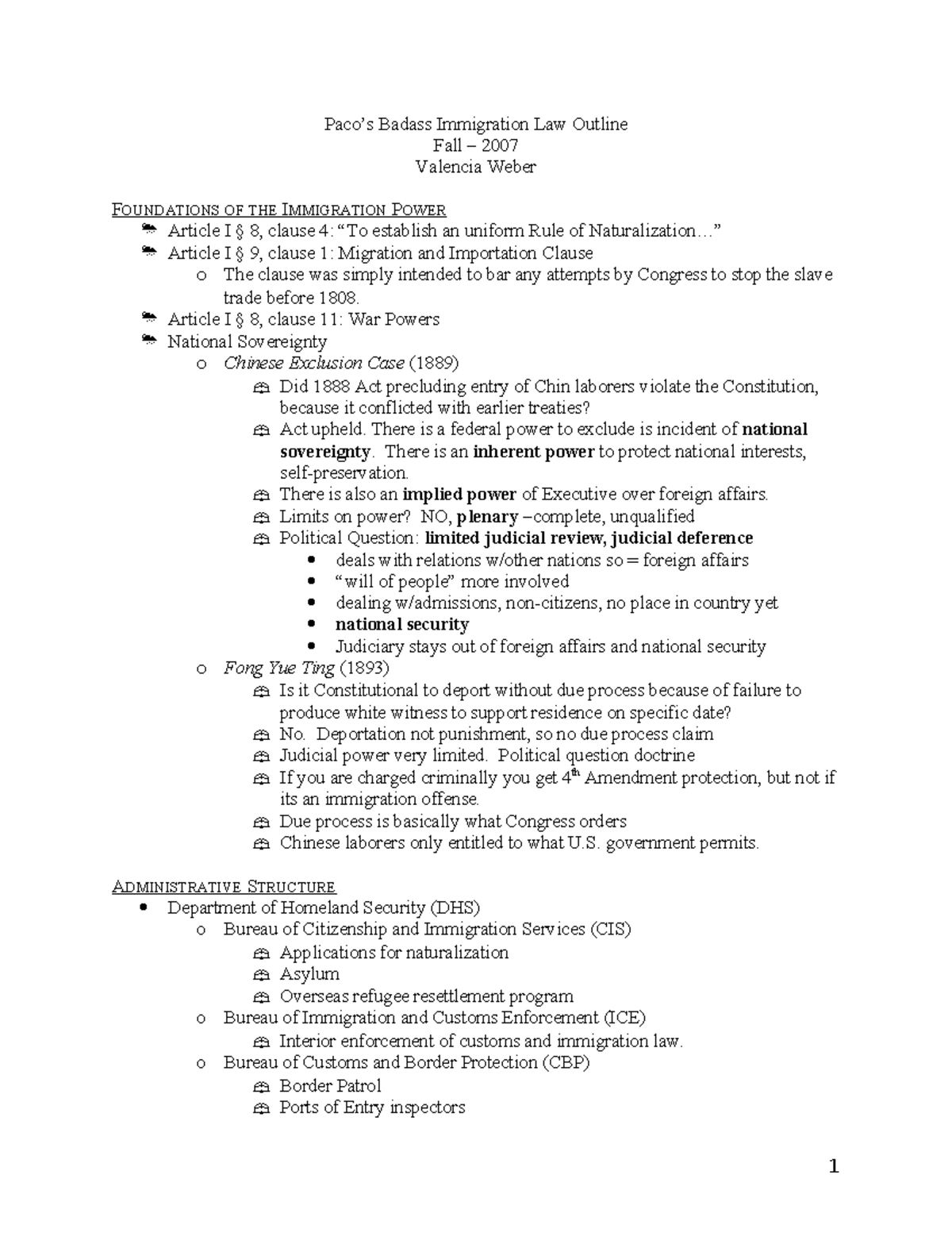 Immigration Law Reference Outline (Fall 2007) - Valencia Weber - Studocu