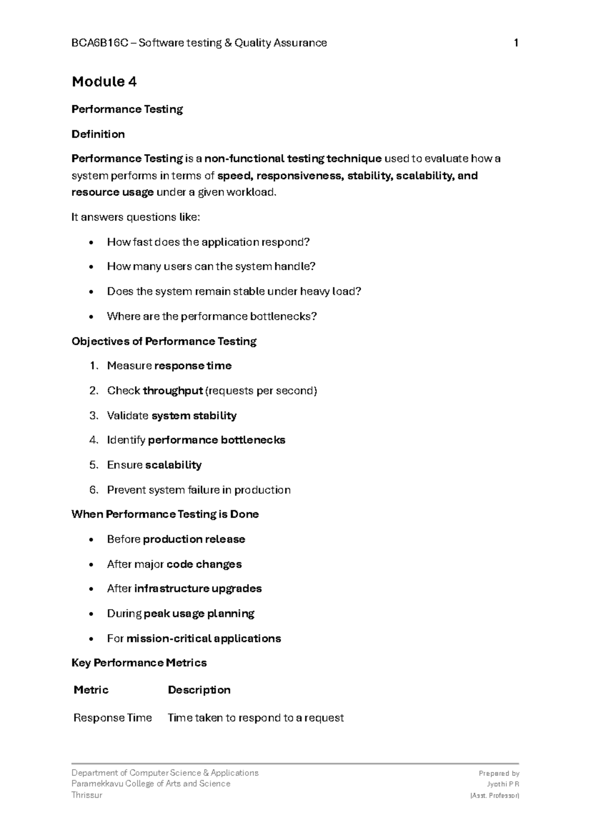 BCA6B16C Software Testing Quality Assurance: Module 4 Performance ...