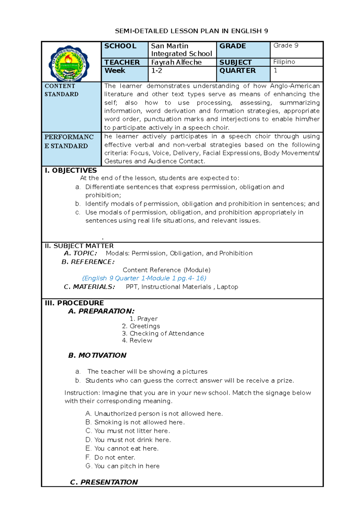 English 9 Lesson Plan: Modals of Permission, Obligation & Prohibition ...