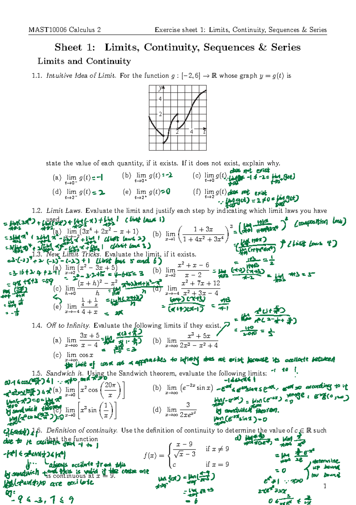 Calculus 2 Exercise Sheet 1: Limits, Continuity, Sequences & Series ...