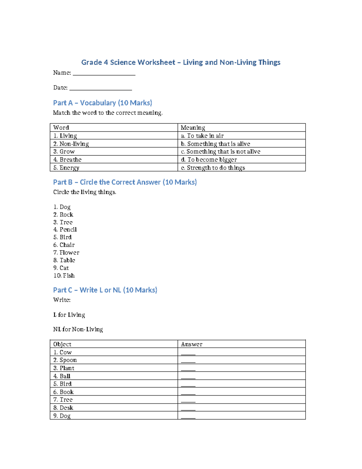 Grade 4 Science Worksheet: Living vs. Non-Living Things - Studocu
