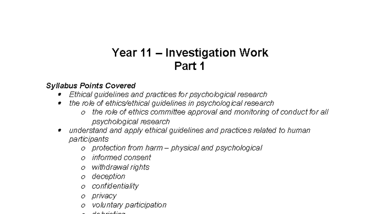 Year 11 Psychology Investigation Work Part 1: Ethical Guidelines ...