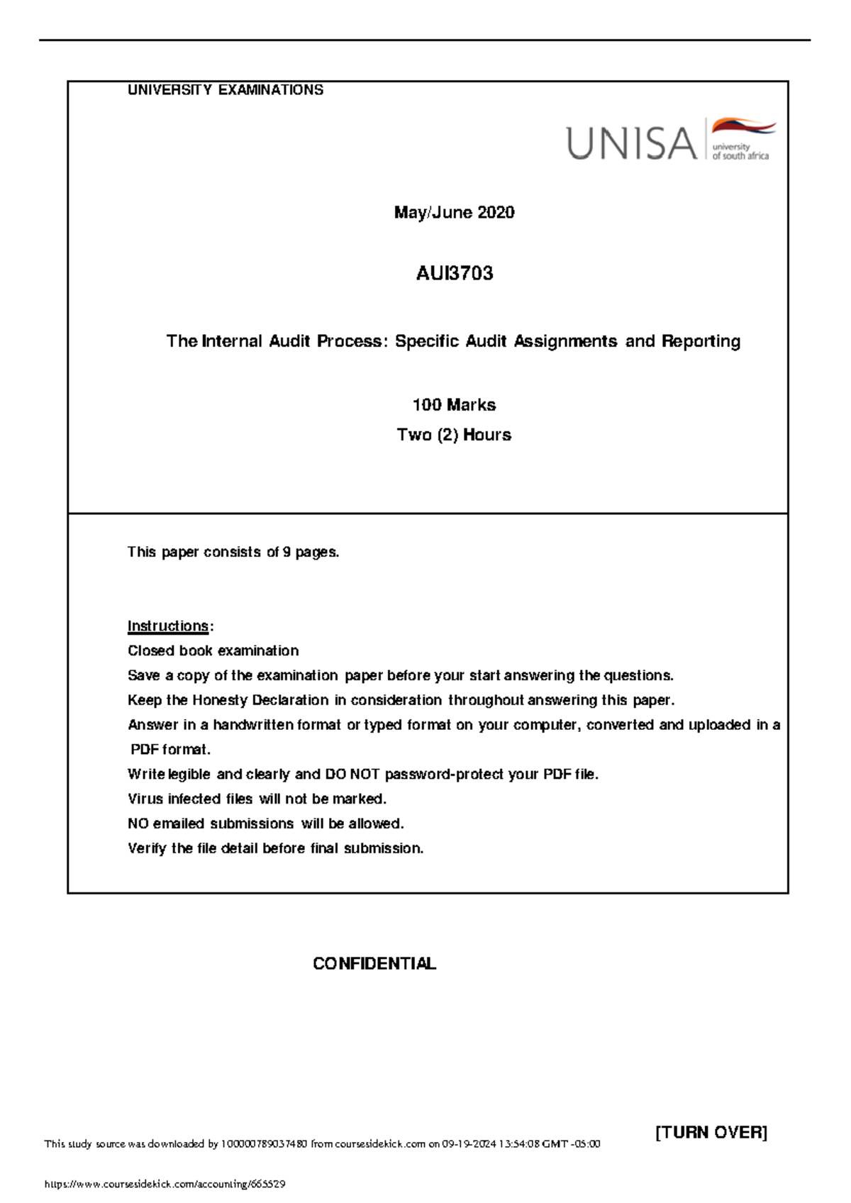 AUI3703 May/June 2020 Online Exam: Internal Audit Processes and ...