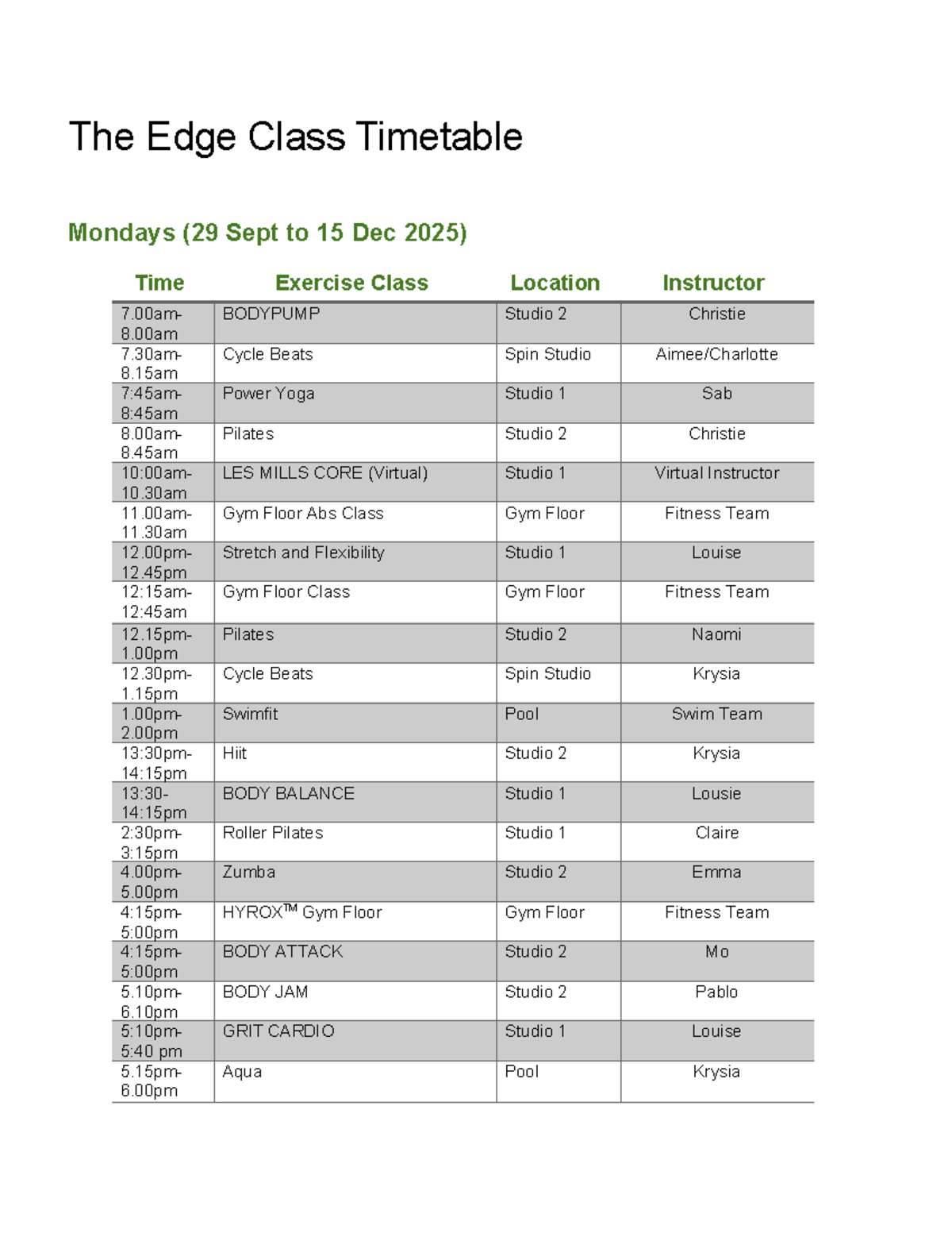 Edge Class Timetable (Sept 29 - Dec 15, 2025) - Studocu
