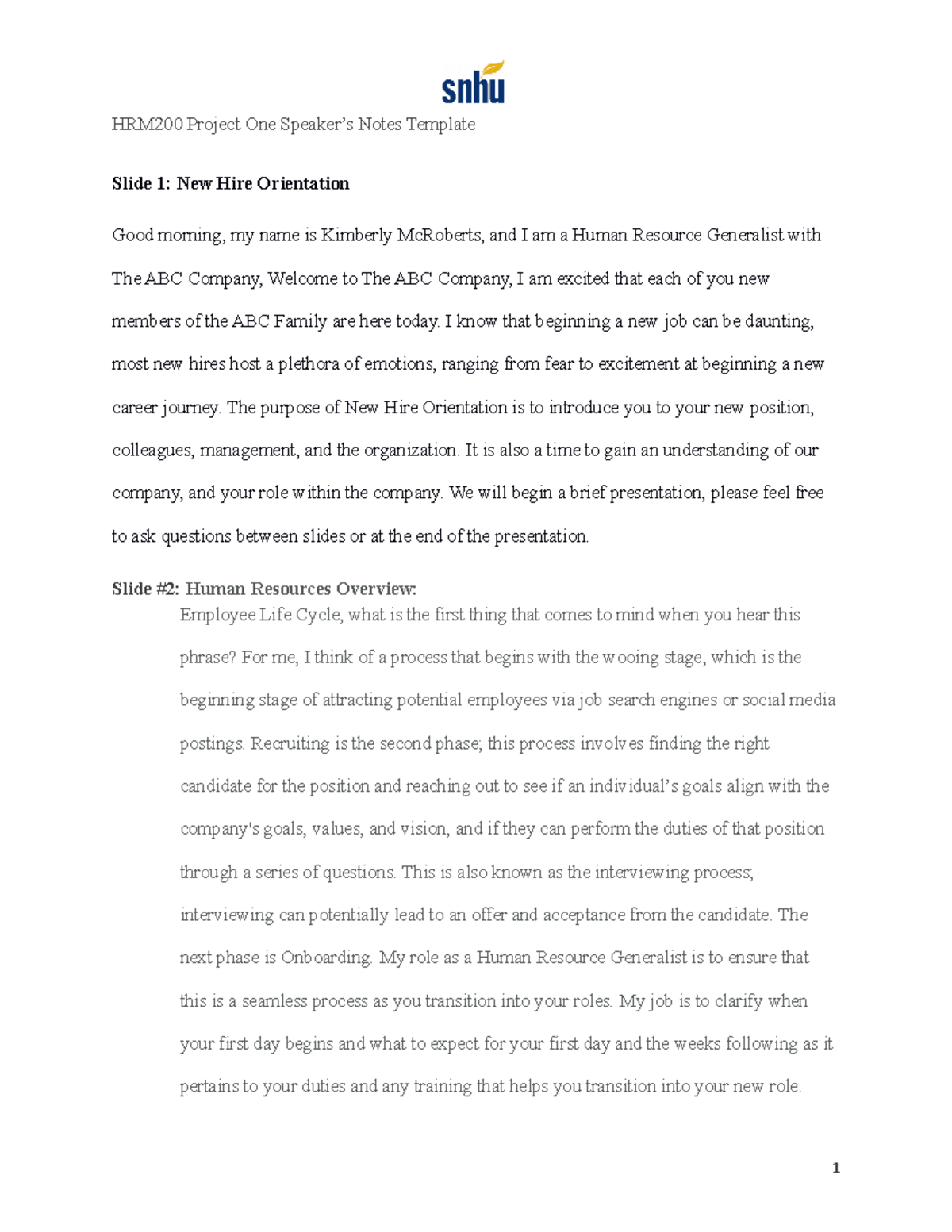 HRM200 Project One: Speaker's Notes for New Hire Orientation - Studocu