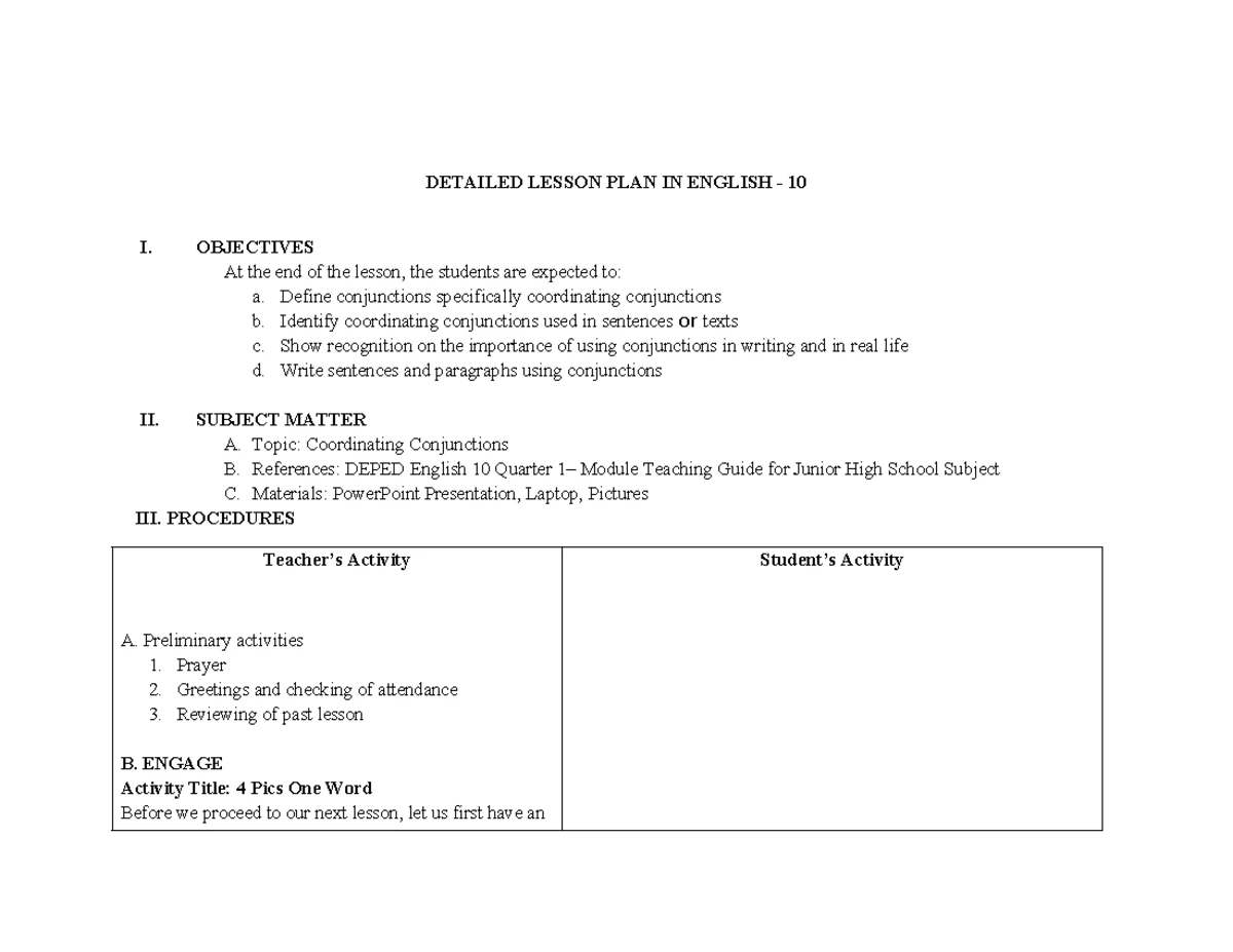 648570560 Daily Lesson Plan on Subordinating Conjunctions - Studocu
