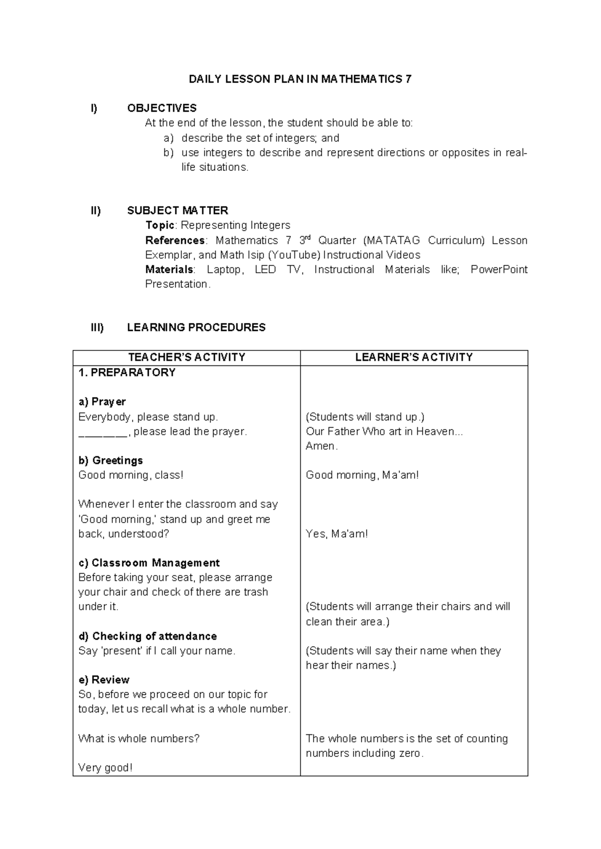 Mathematics 7 Daily Lesson Plan: Representing Integers - Studocu