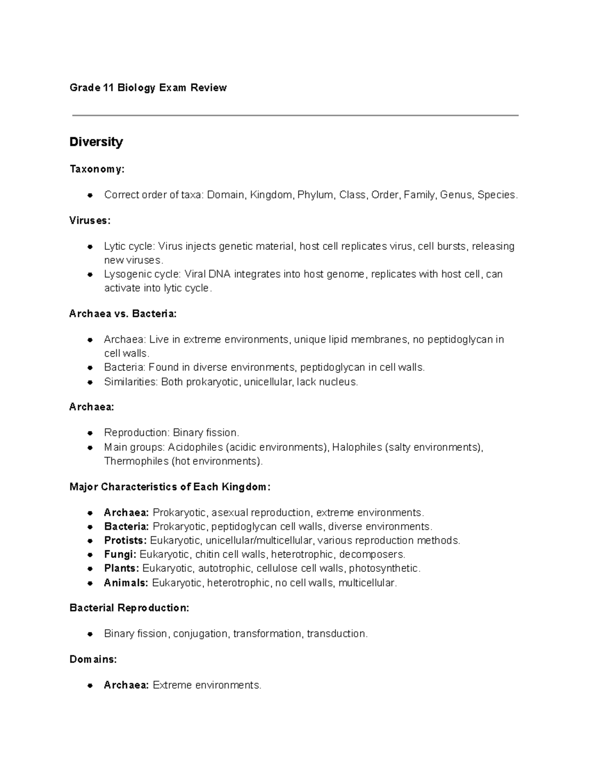 Grade 11 Biology: Exam & Review Notes on Diversity, Evolution & Systems ...