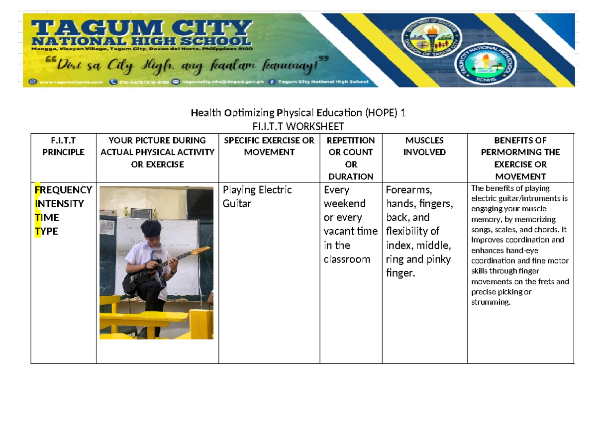 FITT Format Guide: HOPE 1 F.I.T Worksheet for Physical Activity - Studocu