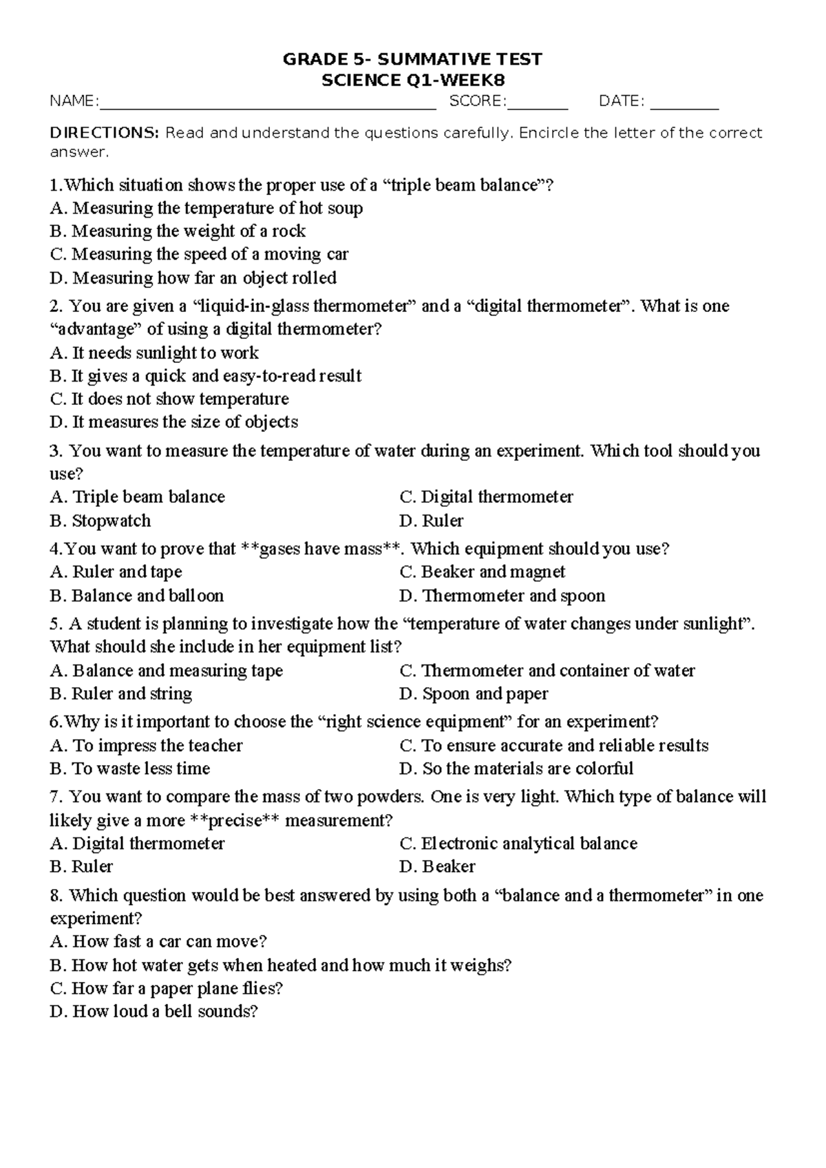WEEK 8 - SUMMATIVE TEST SCIENCE QUESTIONS & ANSWERS - Studocu