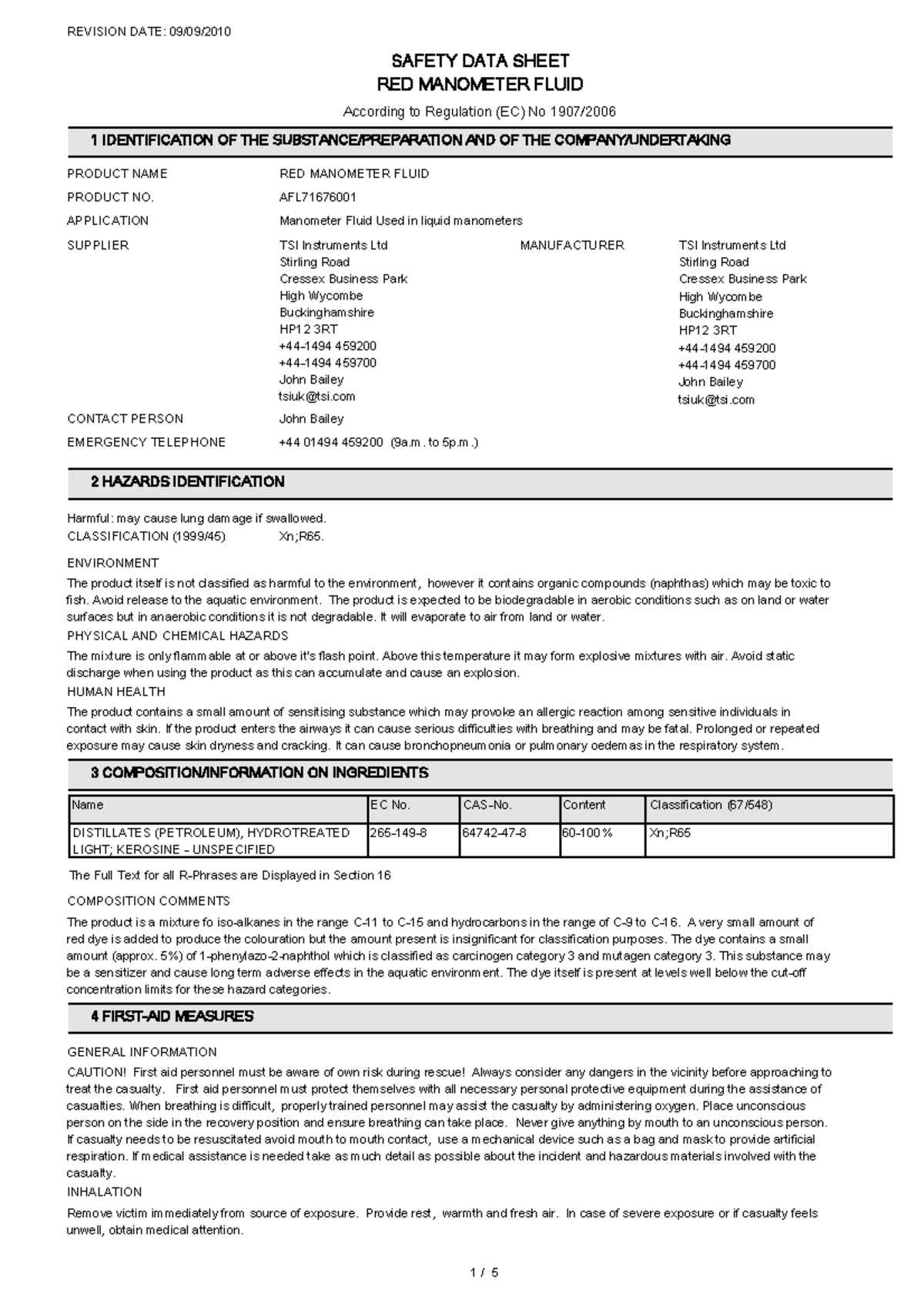 TSI AFL Red Manometer Fluid Safety Data Sheet - Studocu