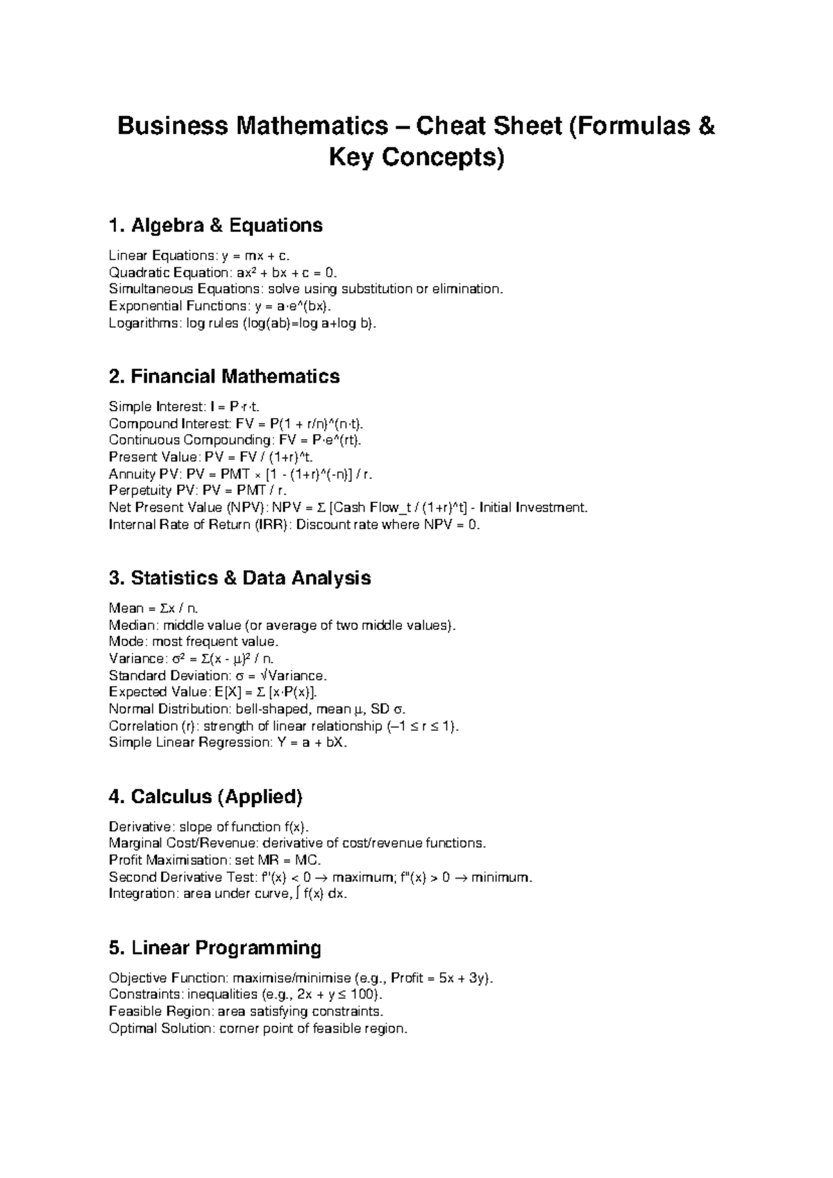 Business Mathematics Cheat Sheet: Key Formulas & Concepts - Studocu