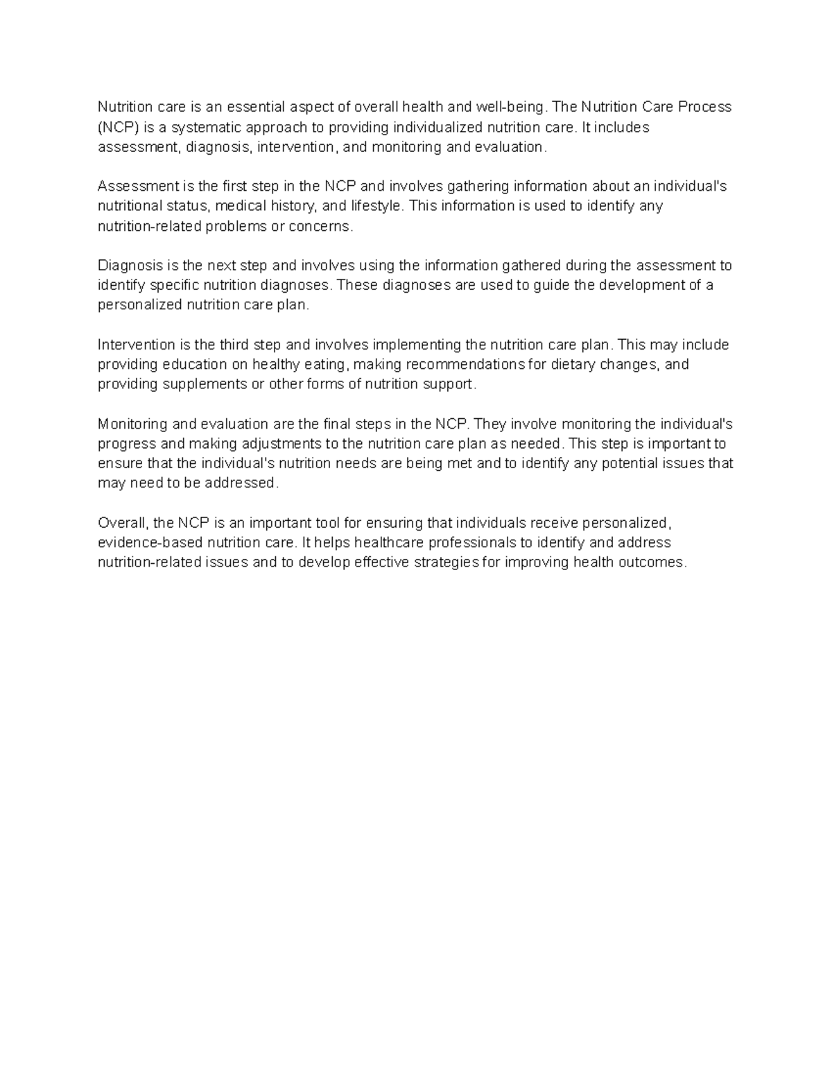 The Role and Importance of the NCP in Nutrition Care Process - Studocu