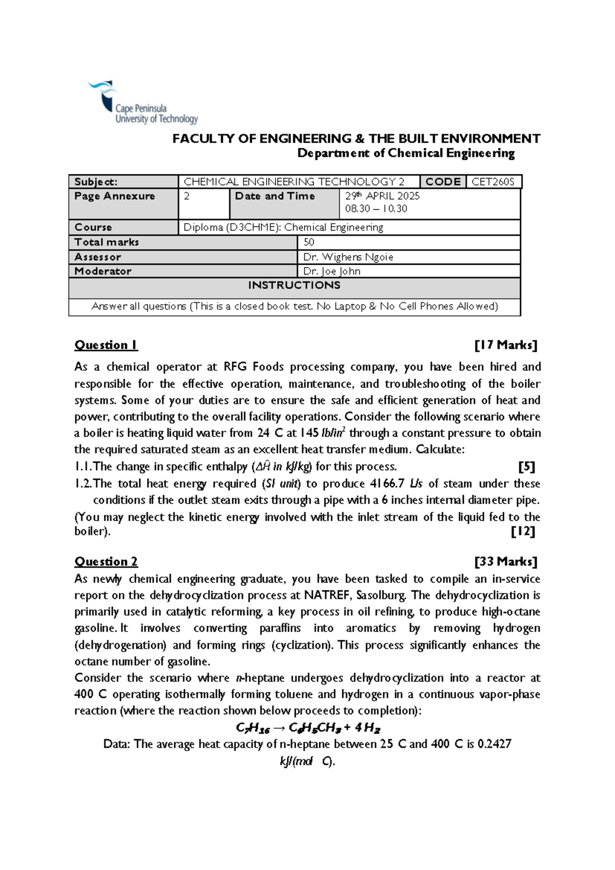 CET260S Test 2: Chemical Engineering Technology Exam Preparation - Studocu