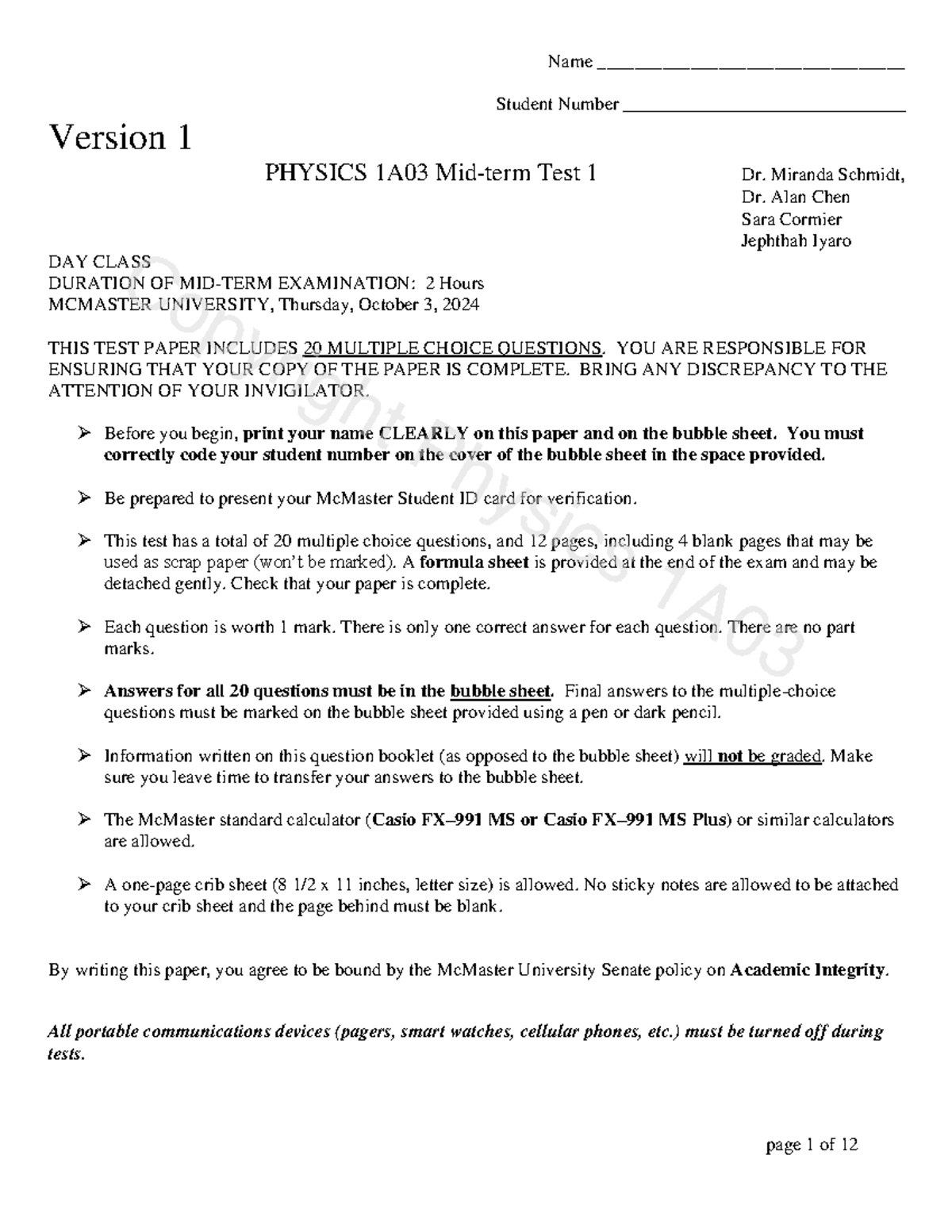 Physics 1A03 2024 Midterm 1 - Name _________________________________ Student Number - Studocu