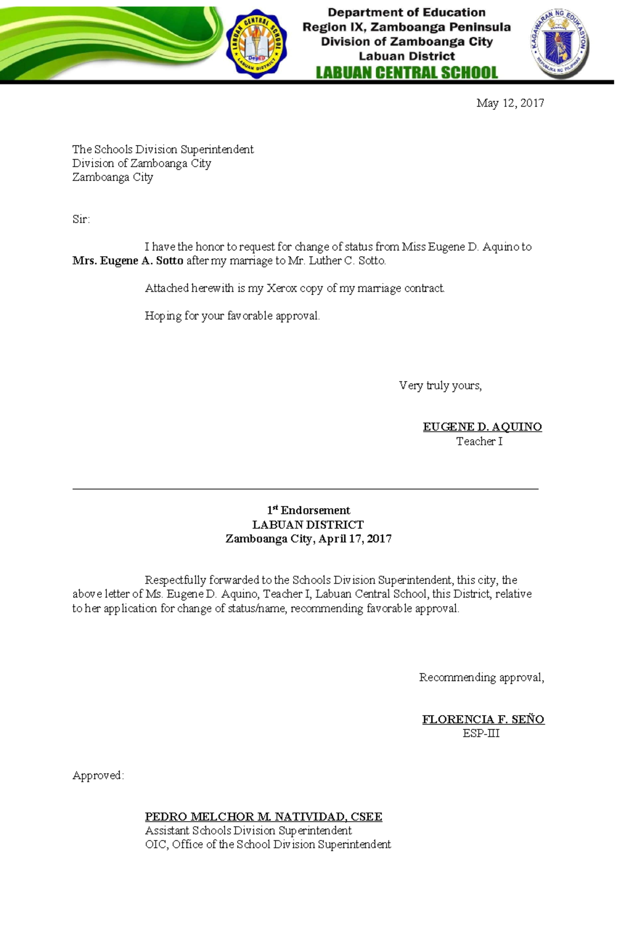 Change of Status Letter - May 12, 2017 The Schools Division ...