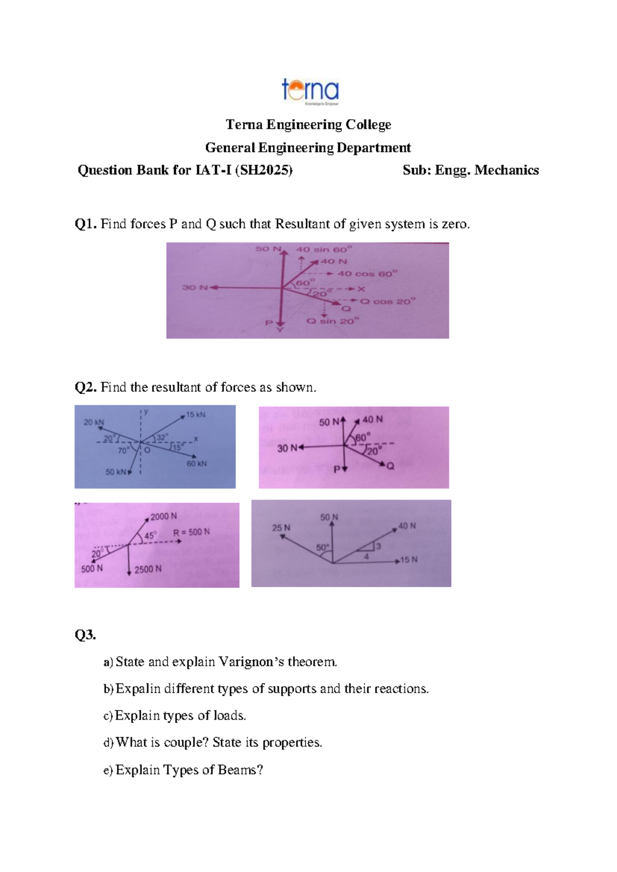 MECH 2025 Engineering Mechanics Question Bank - Studocu