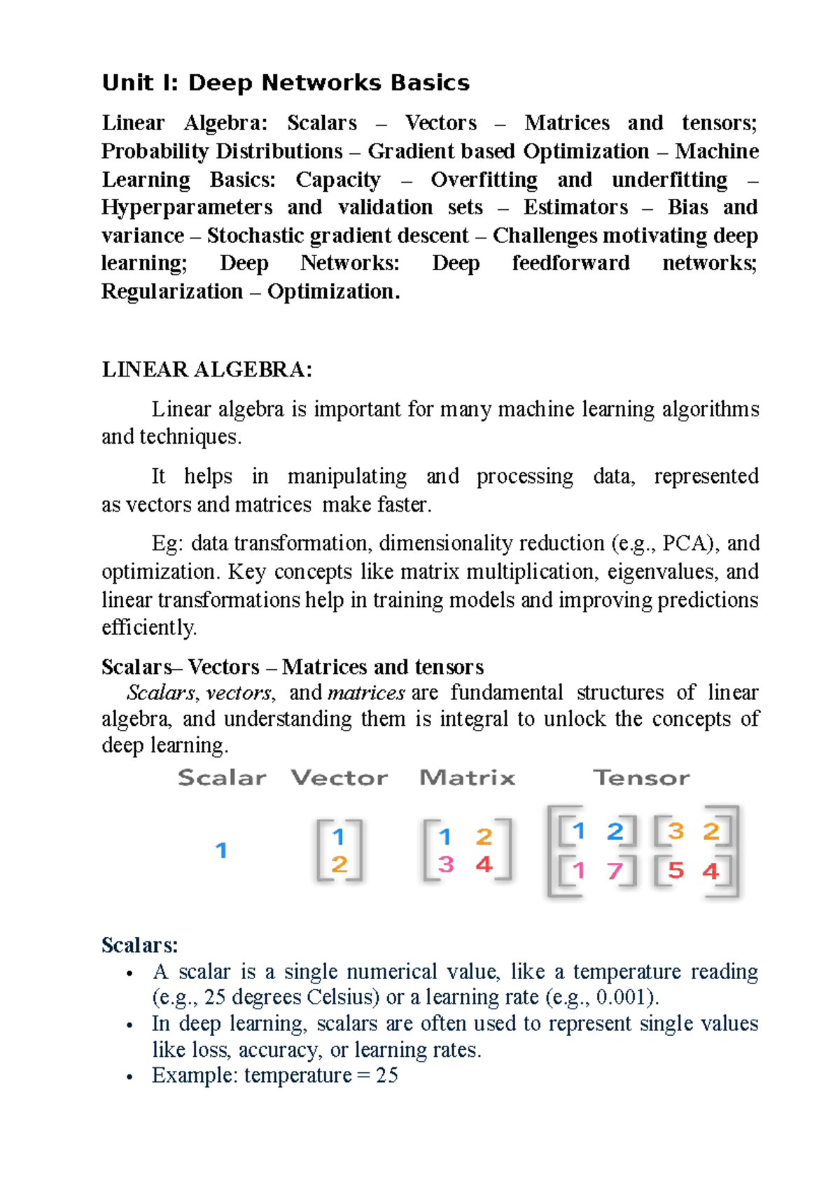 Unit I: Deep Learning Fundamentals - Linear Algebra & Optimization - Studocu