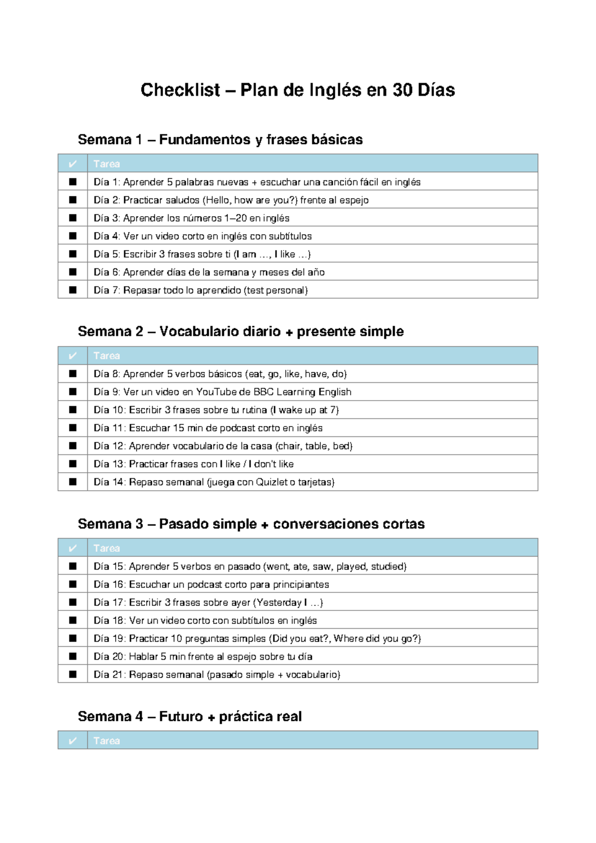 Checklist Plan de Inglés en 30 Días: Semana 1 a 4 - Studocu
