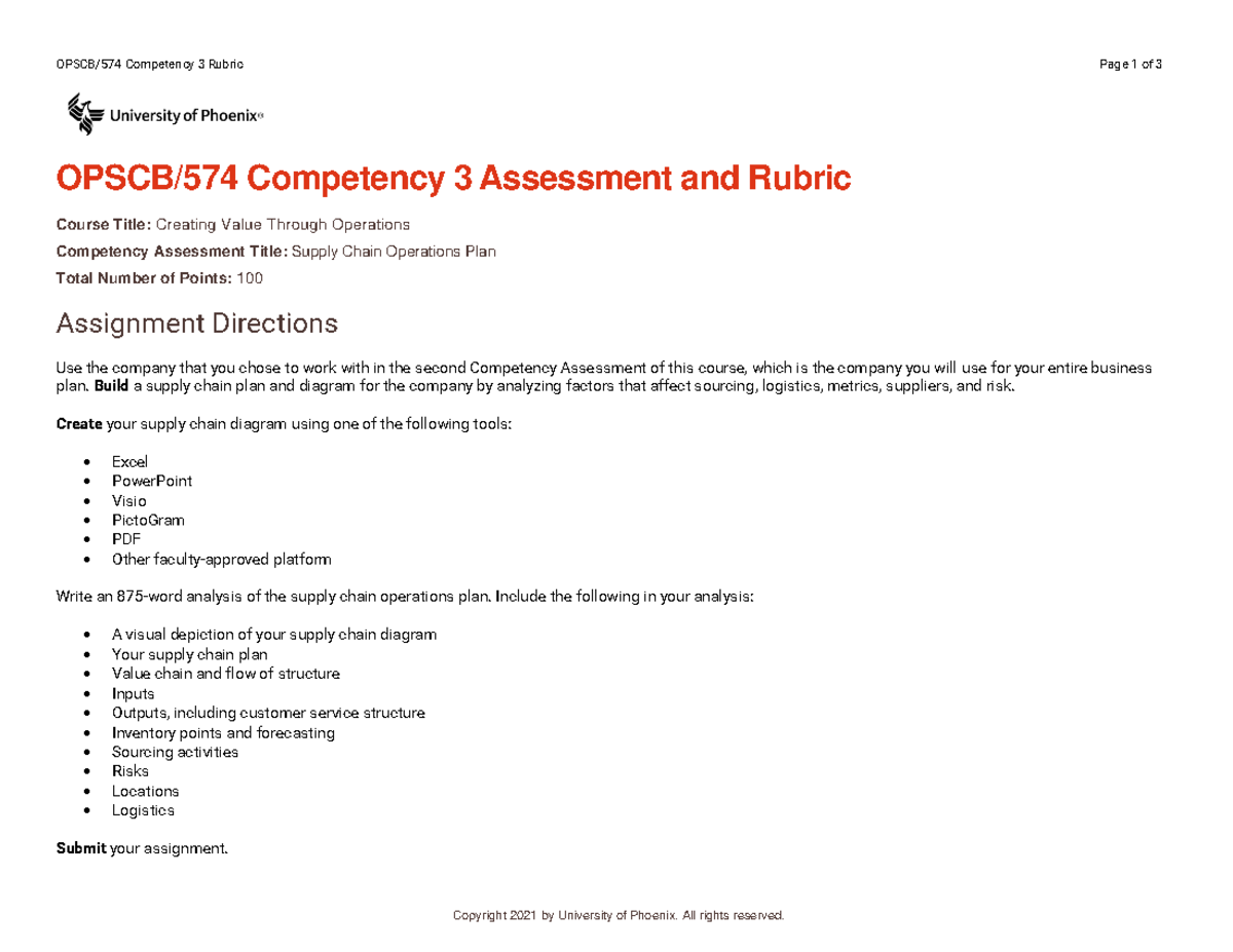 OPSCB/574 Competency 3 Supply Chain Operations Plan Rubric - Studocu