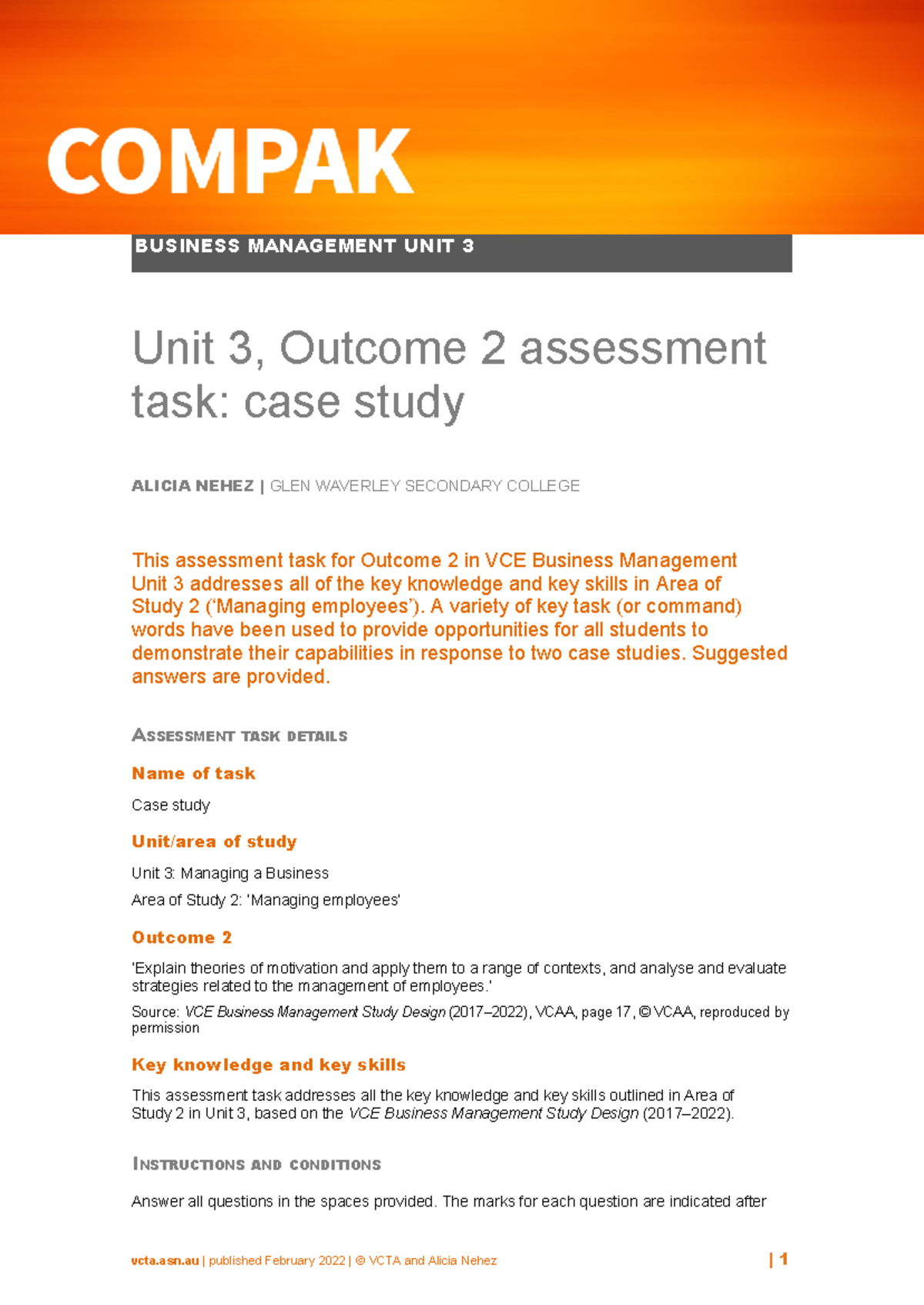 VCE Business Management Unit 3 Case Study Assessment Task - Studocu