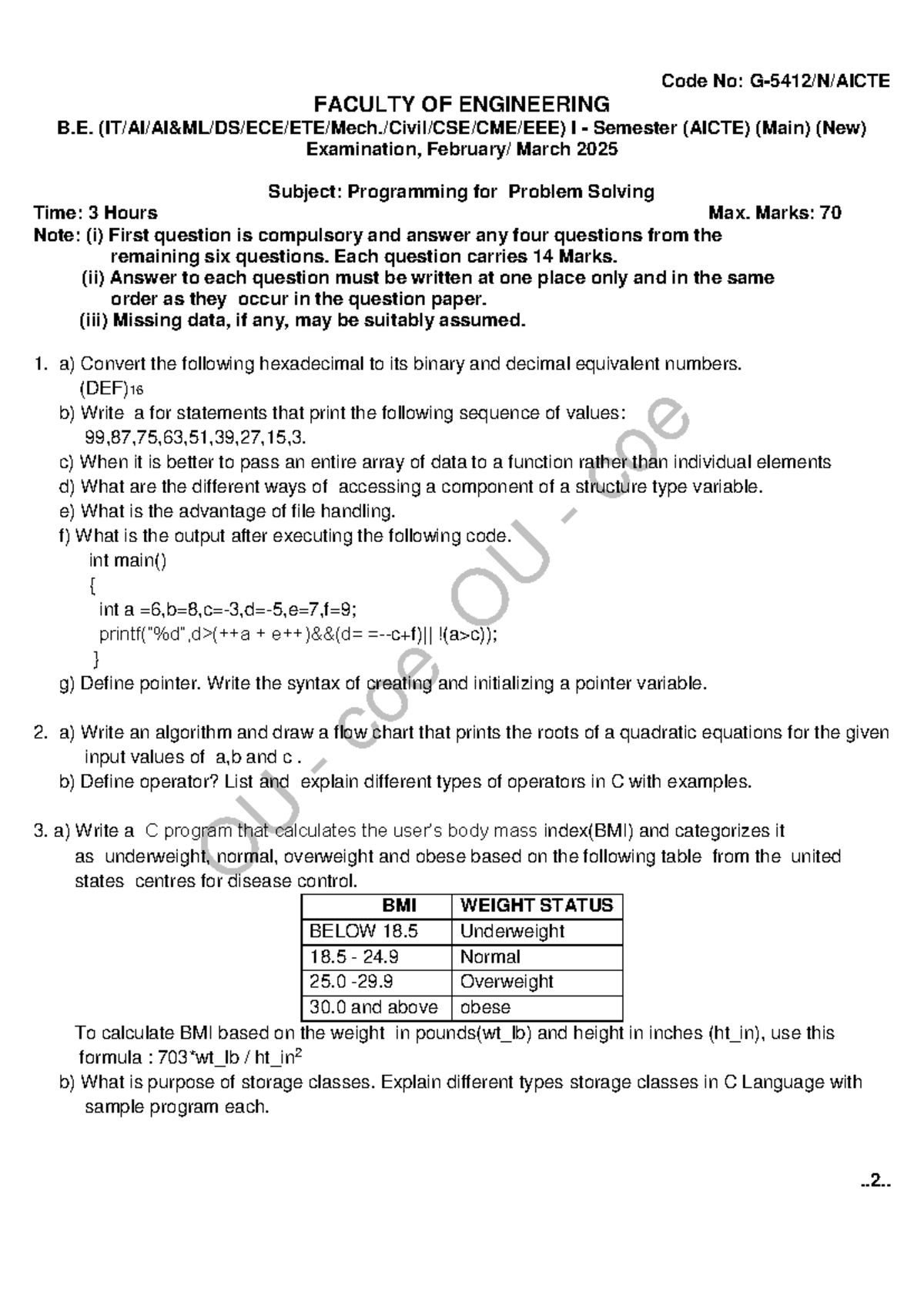 PPS B.E. I Sem (AICTE) Programming for Problem Solving Exam Papers 2025 ...