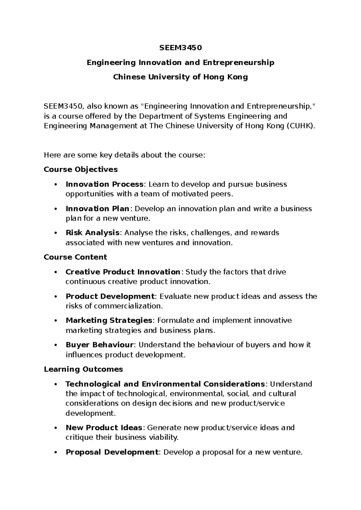 SEEM3450 Course Outline: Engineering Innovation & Entrepreneurship - Studocu