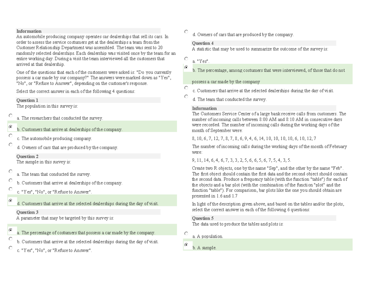 Unit 1 Quiz: Intro to Statistics - Customer Survey Analysis - Studocu