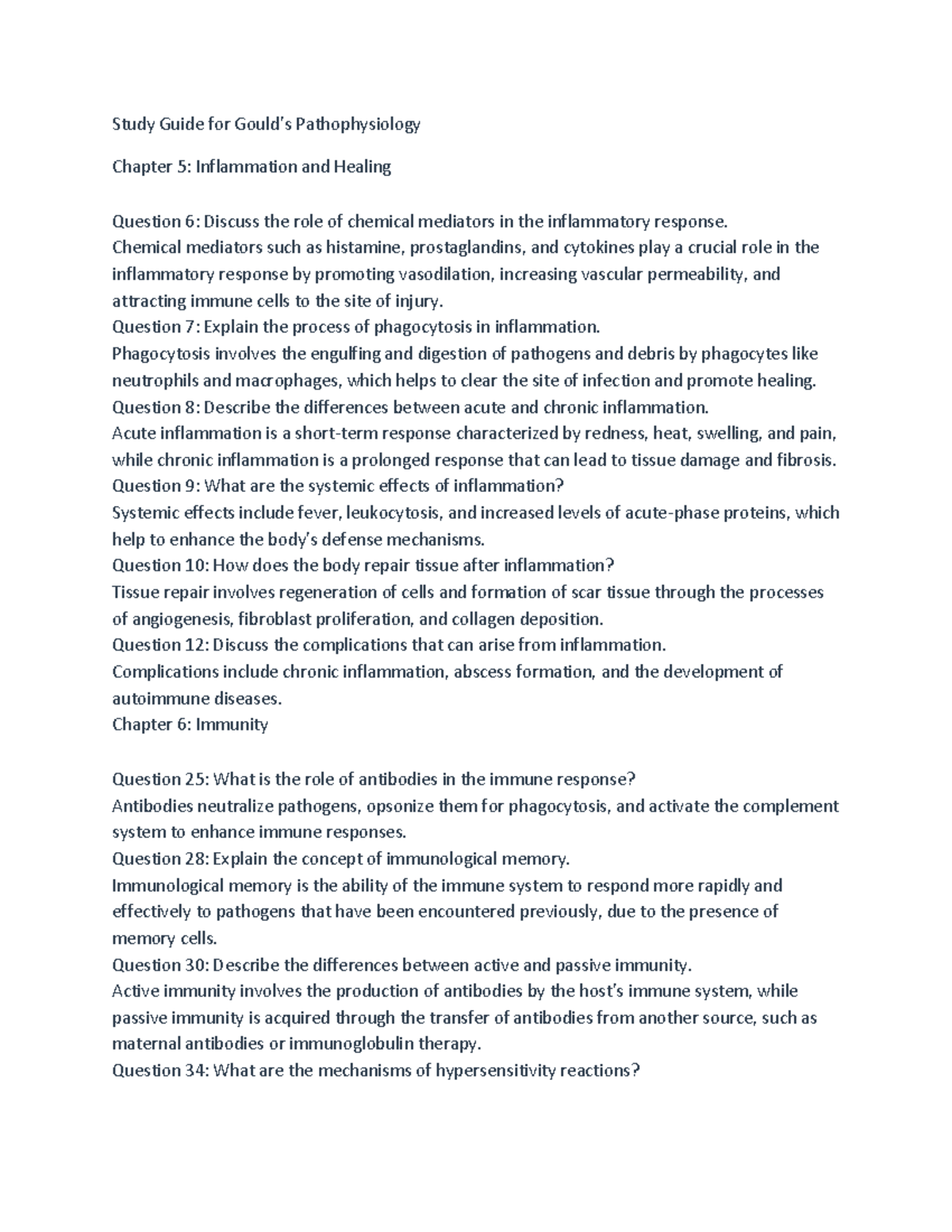 Study Guide for Gould’s Pathophysiology: Inflammation & Immunity - Studocu