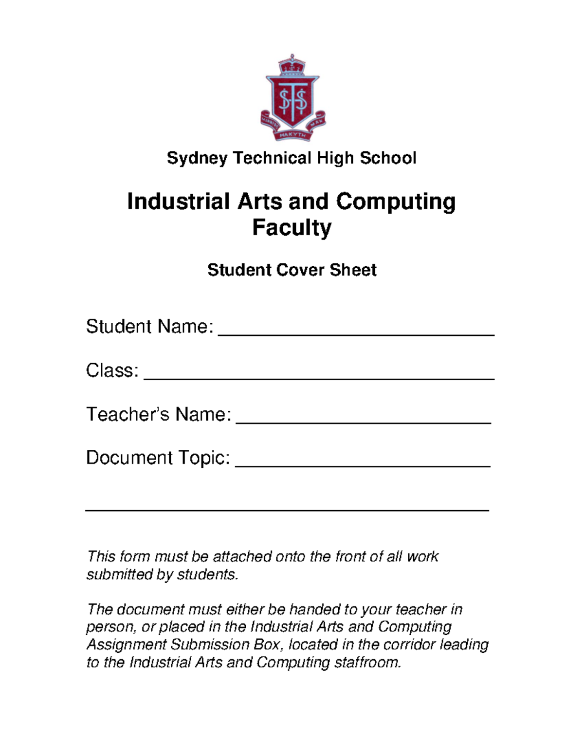 Cover Sheet - duiudoodddud - Sydney Technical High School Industrial ...