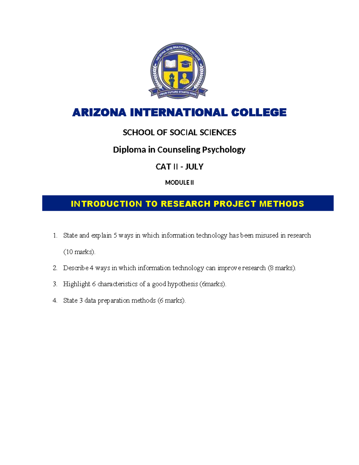 Introduction TO Research Project Methods CAT 2 - ARIZONA INTERNATIONAL ...