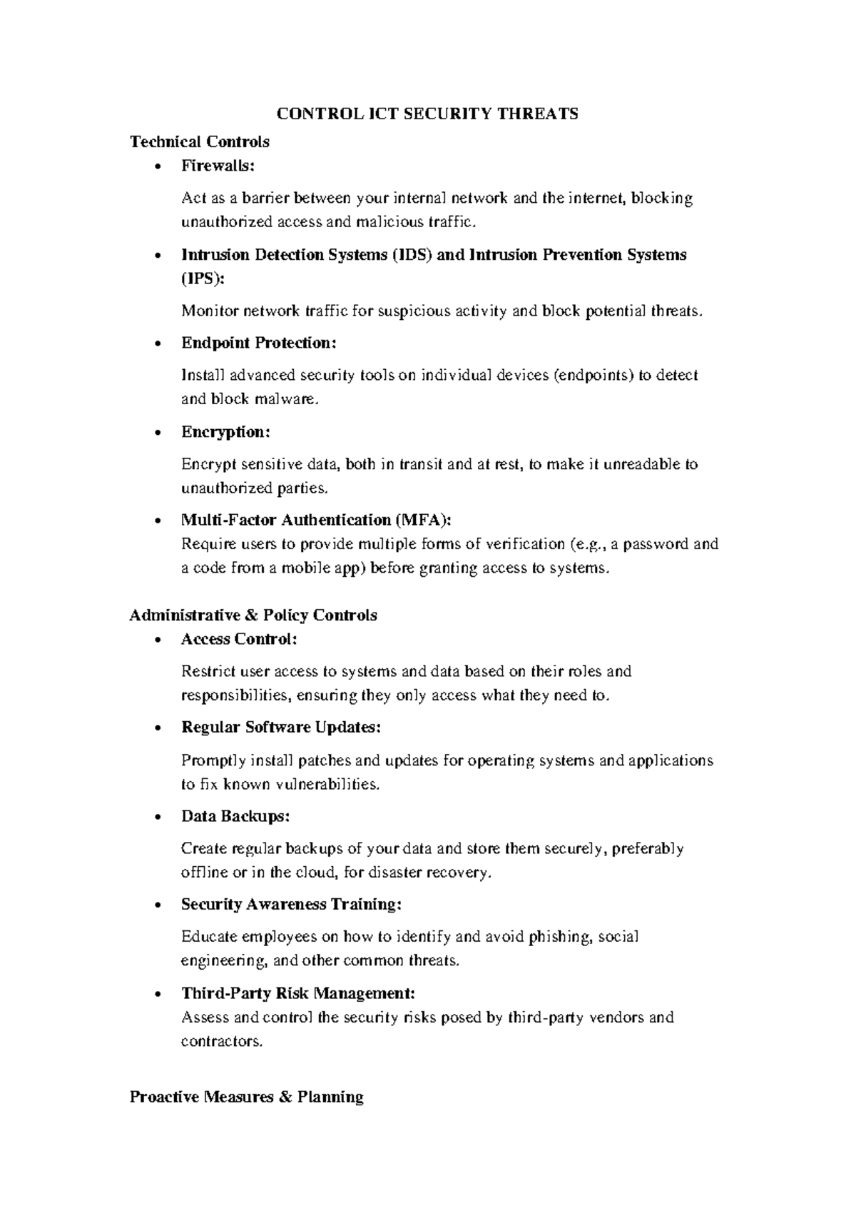 CONTROL ICT SECURITY THREATS: Technical & Administrative Measures - Studocu