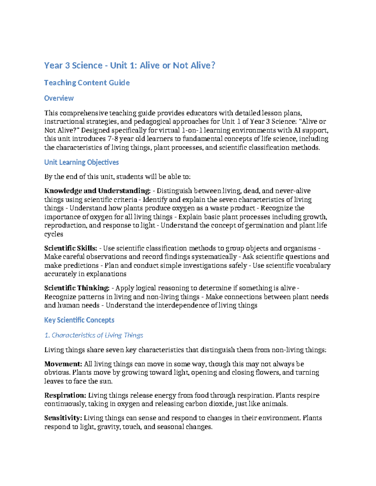 Year 3 Science Unit 1: Alive or Not Alive? Teaching Guide - Studocu